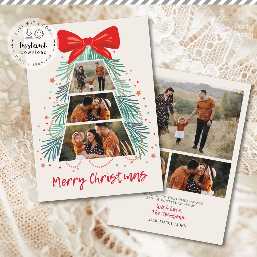 Editable Christmas Tree Red Bow Photo Card Template Printable | Holiday ...