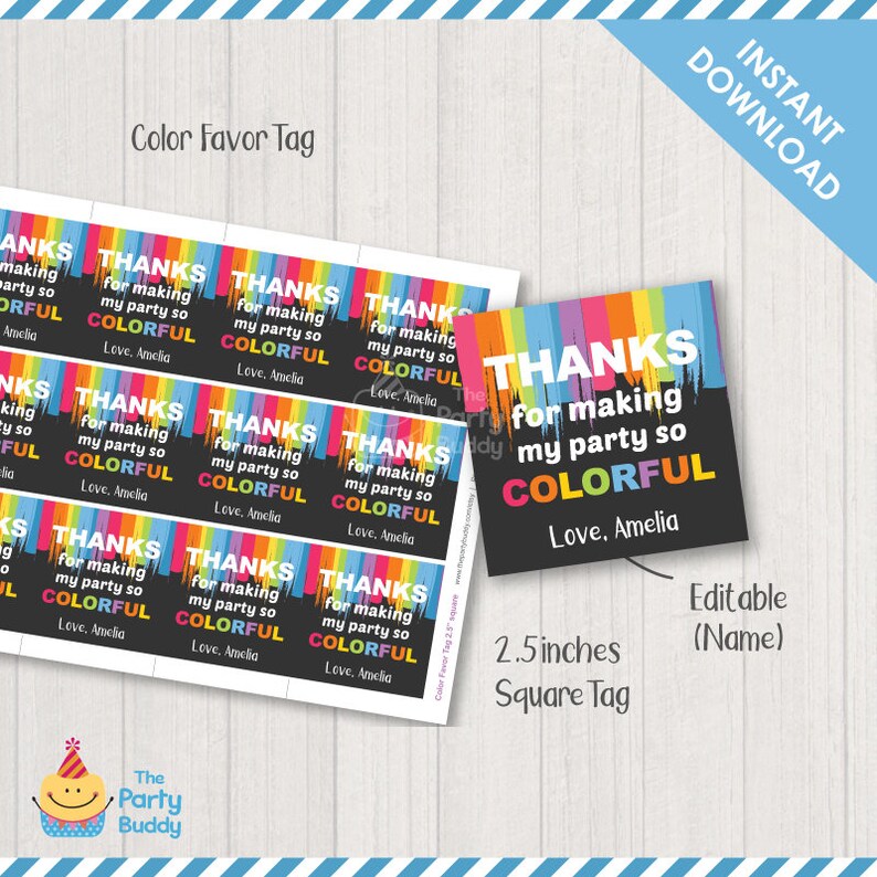 Colorful Art Party Thank You Tag Printable Digital PDF | Etsy