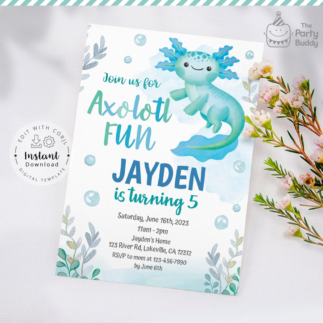Editable Axolotl Fun Invitation | Boys Birthday Party Animal Blue ...