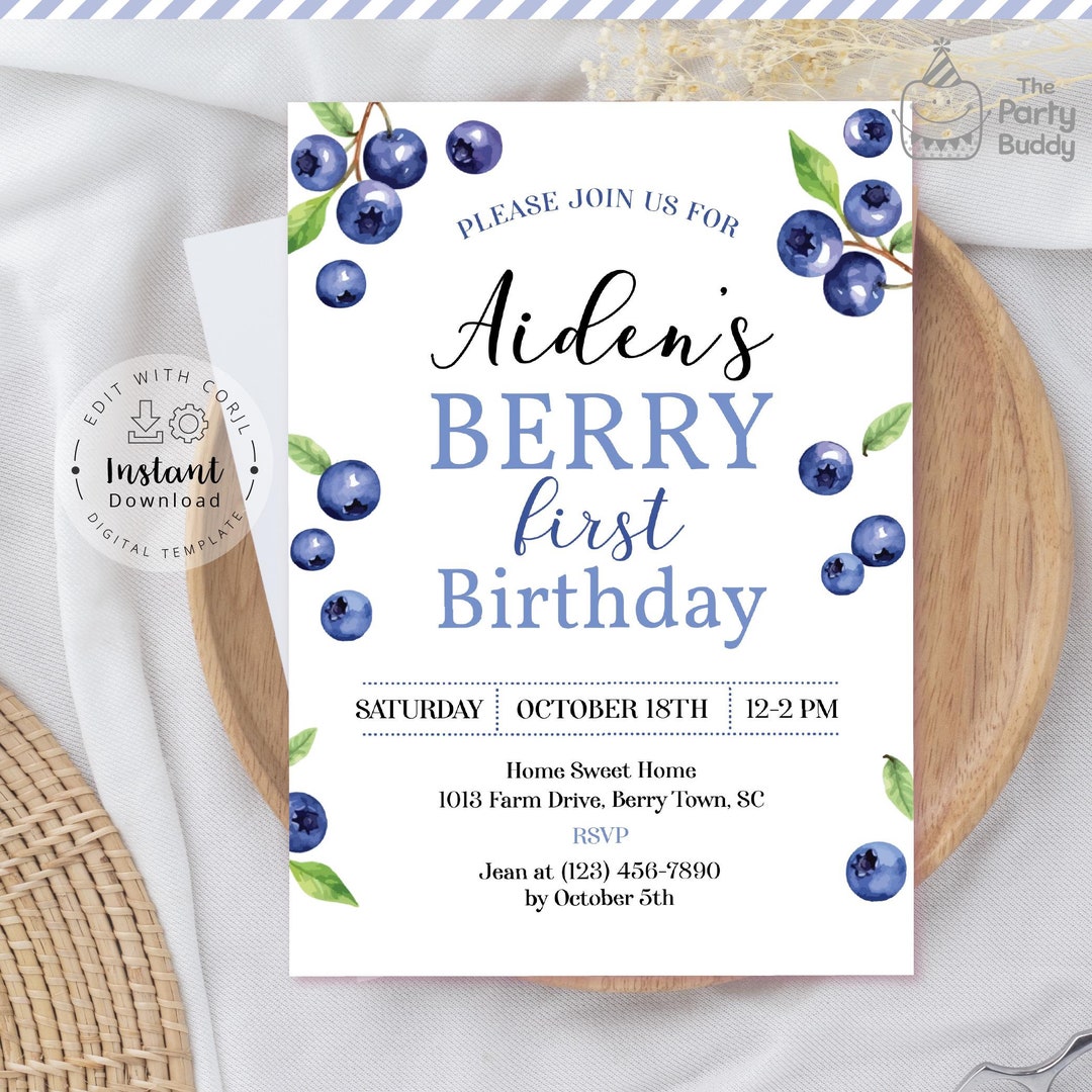 Editable Blueberry Berry First Birthday Invitation | Boys 1st Berry ...