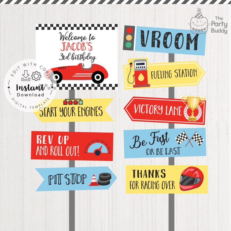Editable Red Race Car Party Signs Decoration | Racing Birthday Welcome ...