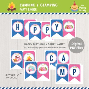 Camping Glamping Happy Birthday Banner | Camp Name Editable Text | Pink ...