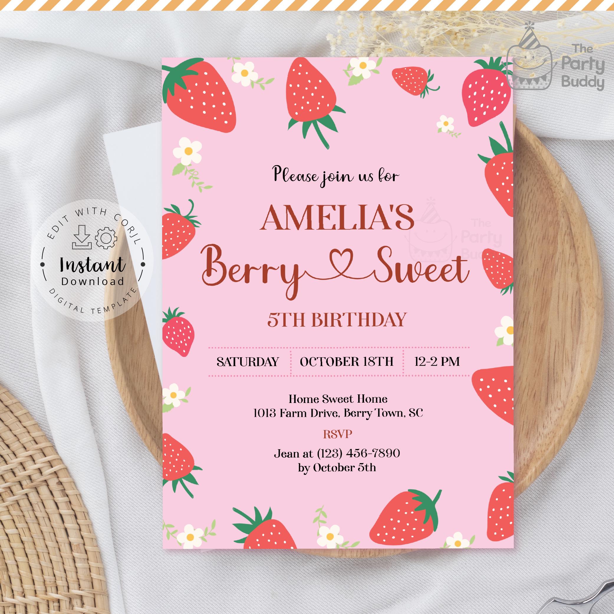 Editable Strawberry Birthday Invitation | Fruity Berry Sweet Girl Pink ...