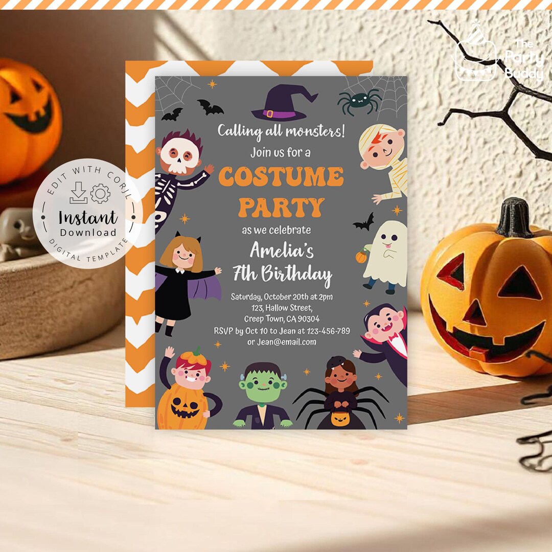 Editable Halloween Costume Party Birthday Invitation | Kids Boy Girl ...