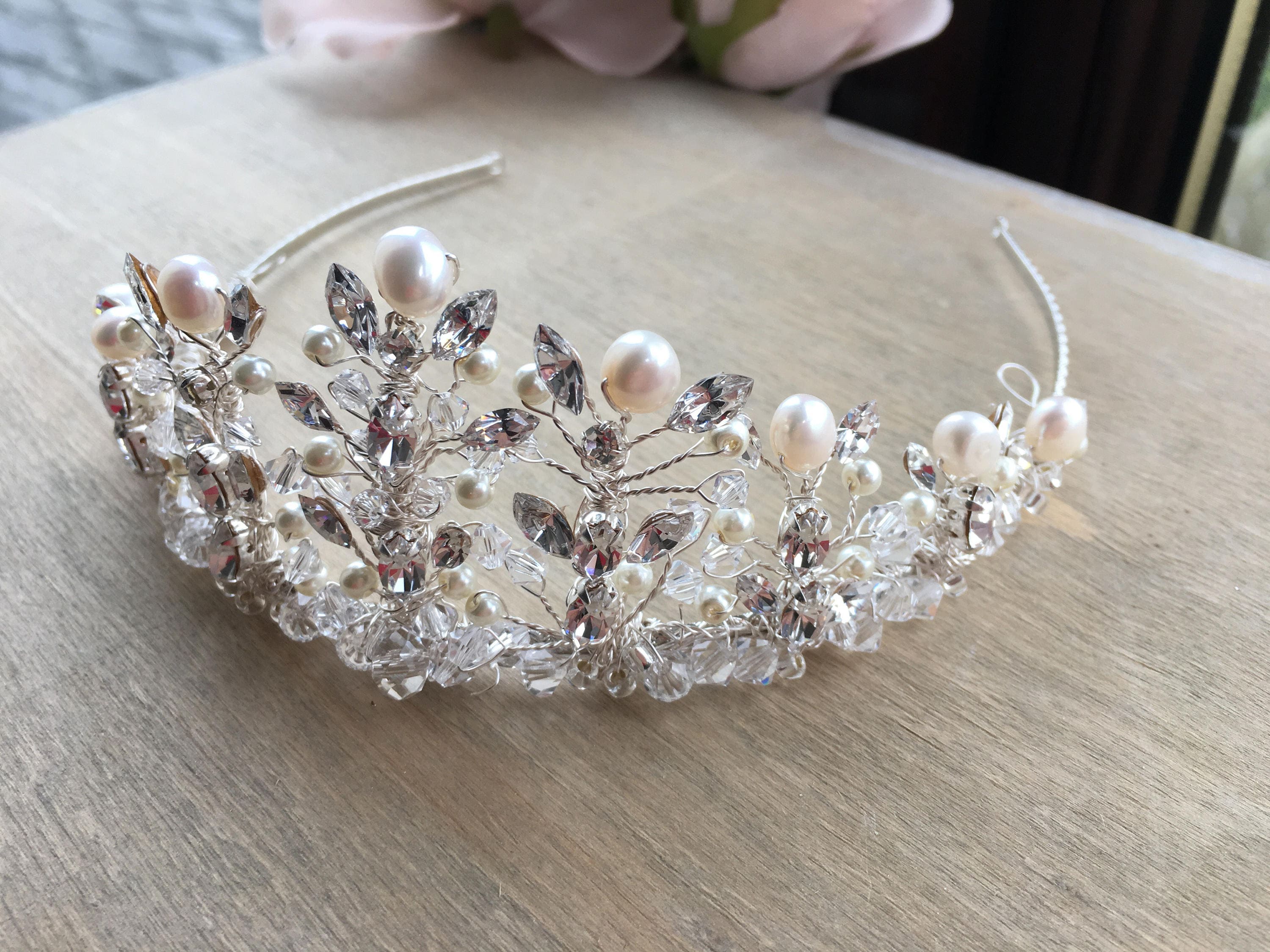 Emma Tiara Swarovski and Pearl Bridal Tiara Sparkly Big | Etsy