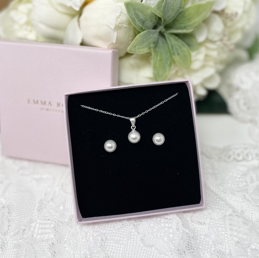 Simple Pearl Studs and Sterling Silver Necklace: Bridal Jewelry Set - Etsy