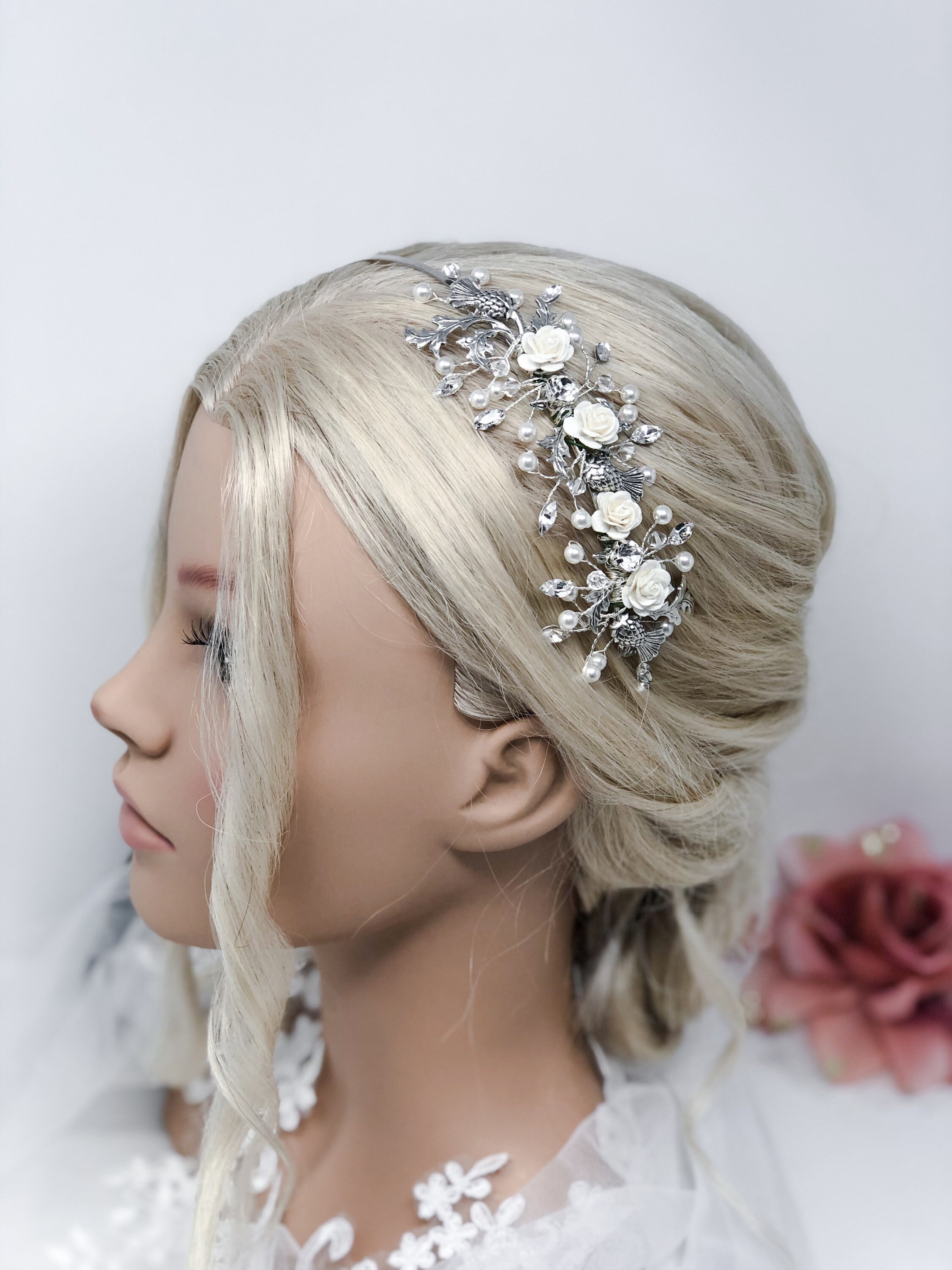 Thistle and Rose Side Tiara, Silver Side Tiara, Wedding Headpiece ...