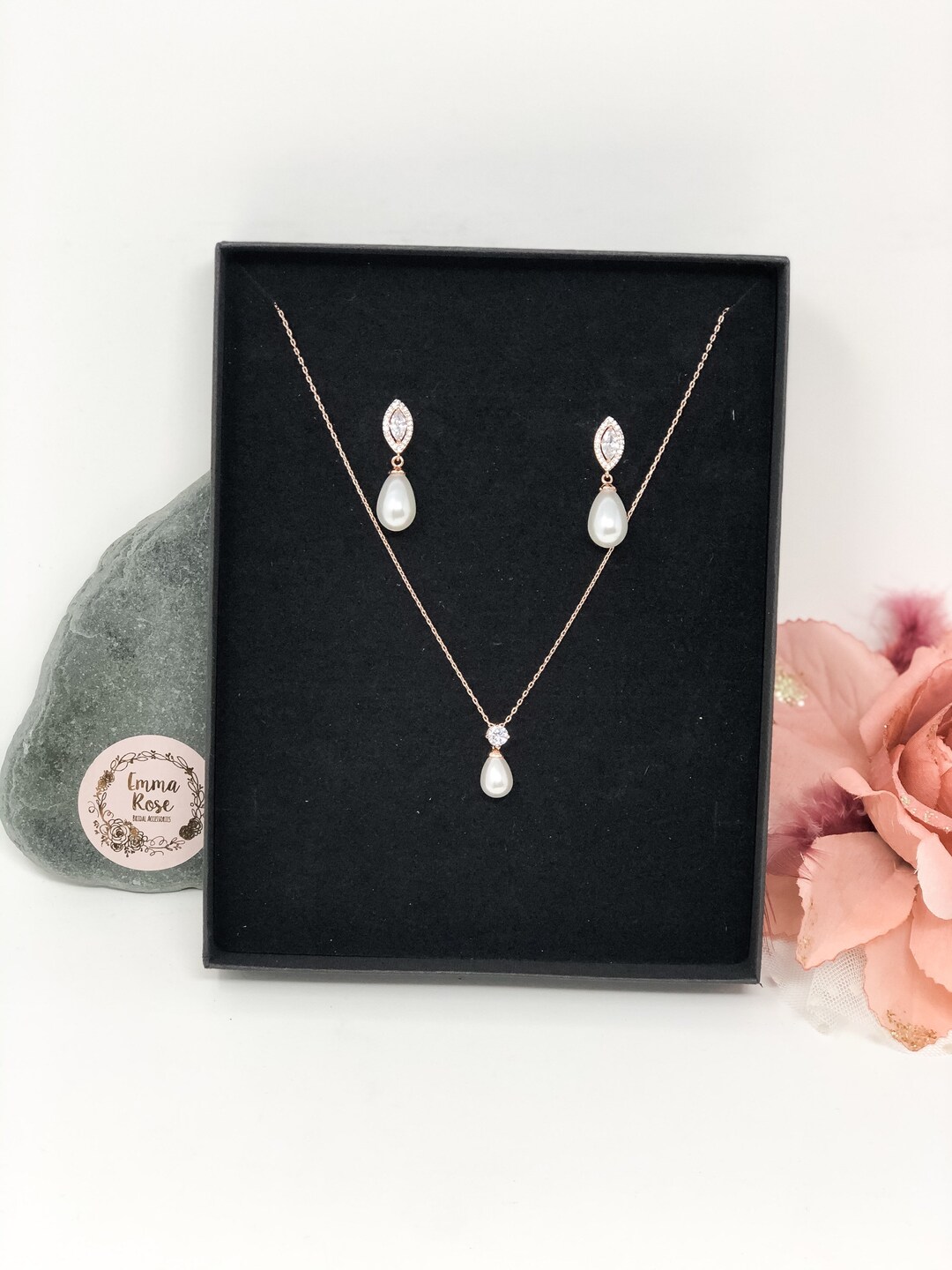 Rose Gold Marquise Cut Pearl Drop Earring, Large Pearl Bridal Earring ...