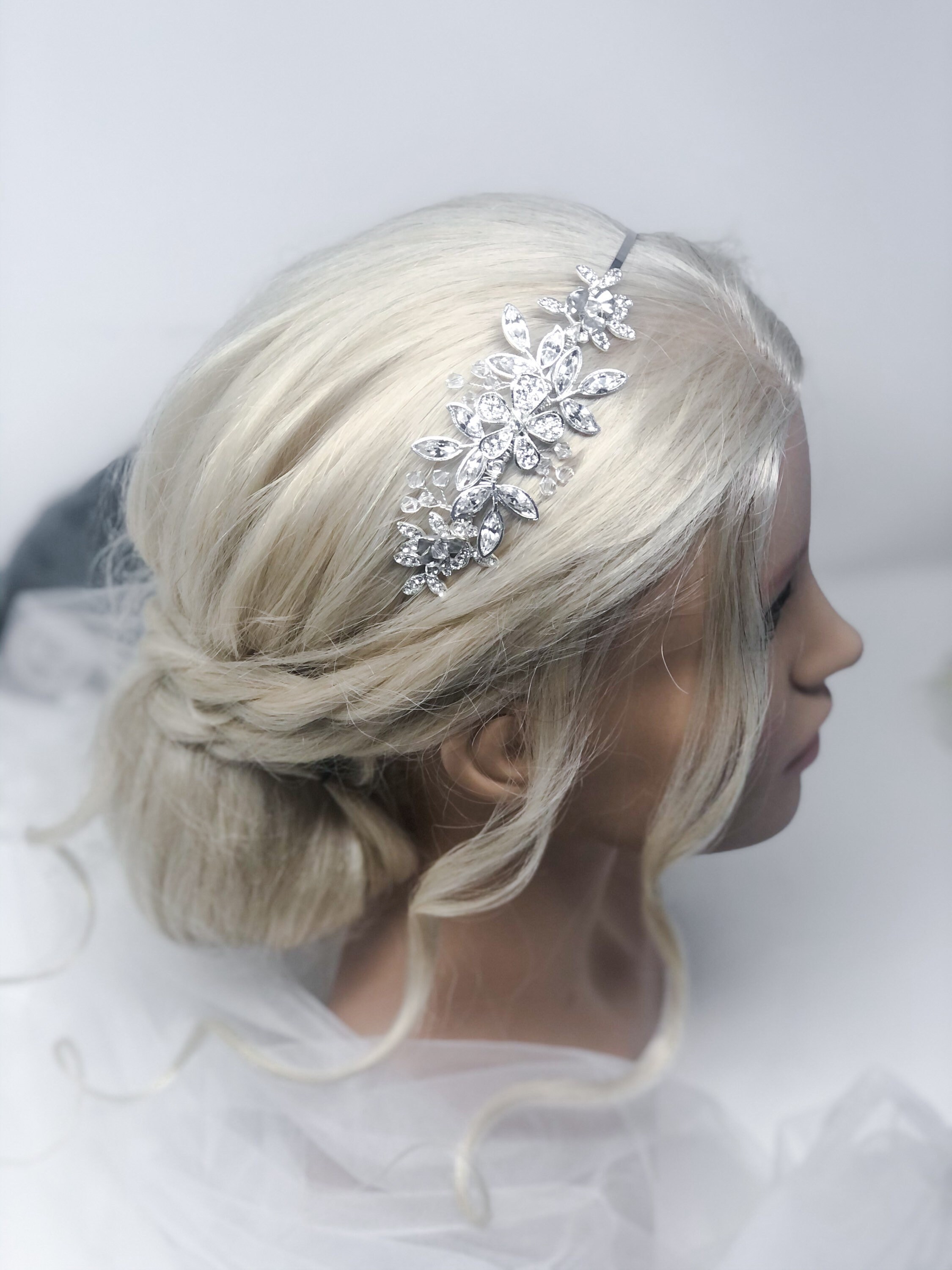 Delicate Sparky Crystal Side Tiara Bridal Headband , Silver Leaf Flower ...