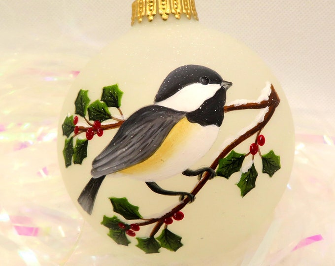Germany Hand Painted Chickadee Glass Christmas Ball Ornament Signed by ...