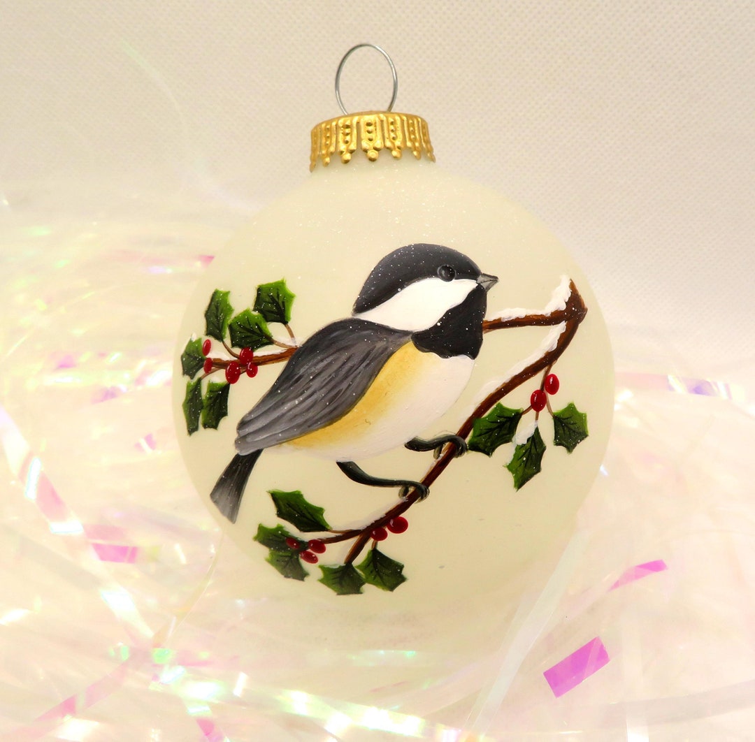 Germany Hand Painted Chickadee Glass Christmas Ball Ornament Signed by ...