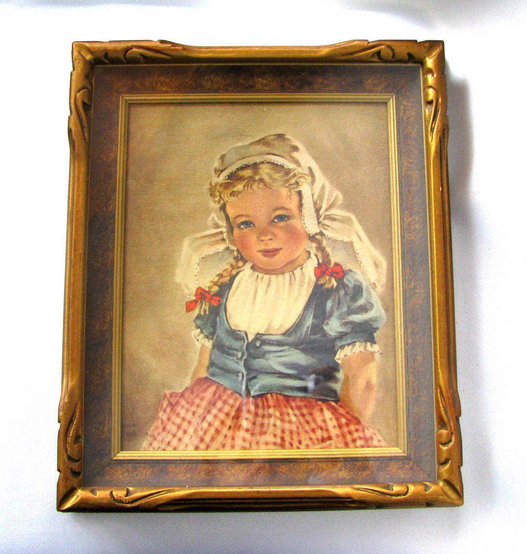 1950s Anne Allaben Austrian Girl Lithograph in Shadow Box Frame With ...