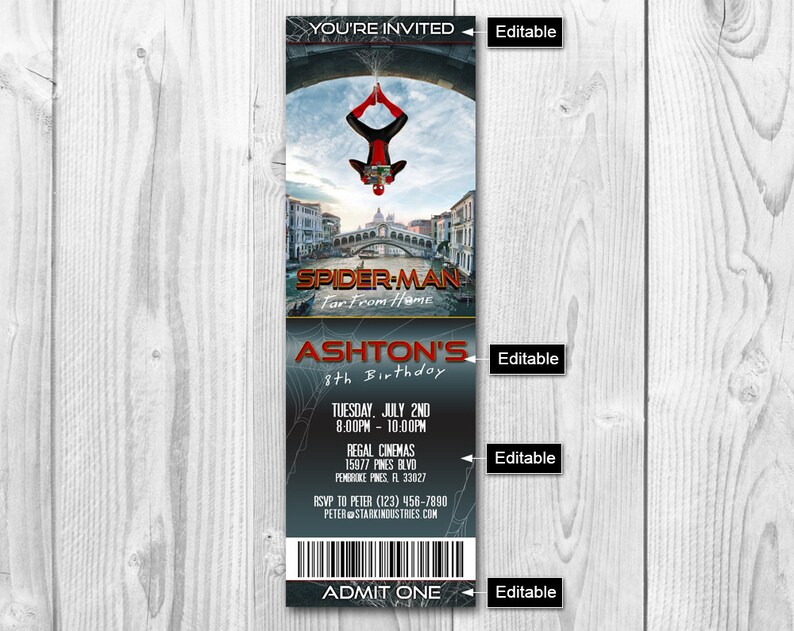 Spider Man Far From Home Movie Ticket Invitation, Spider Man Far From ...