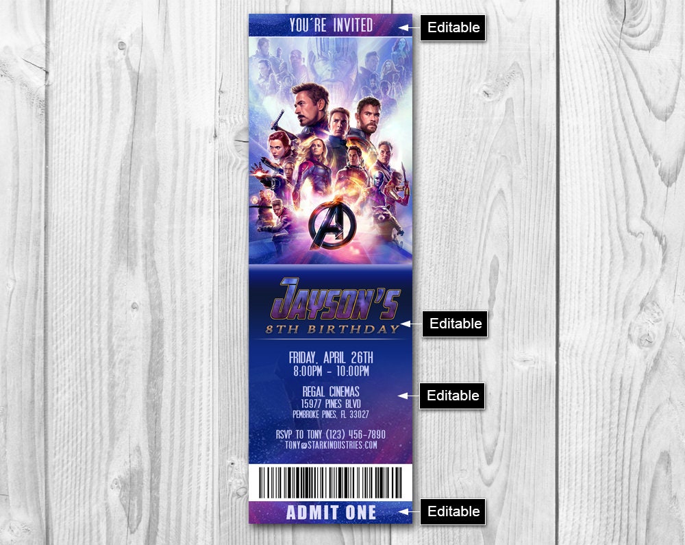Avengers Endgame Movie Ticket Invitation, Avengers Invitation, Avengers ...