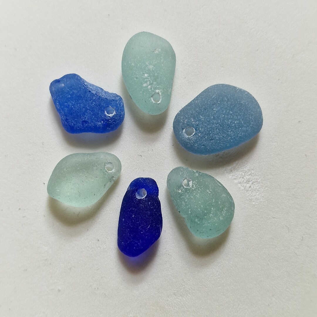 6x Genuine English Sea Glass Pieces in Various Shades of Blue, Drilled ...