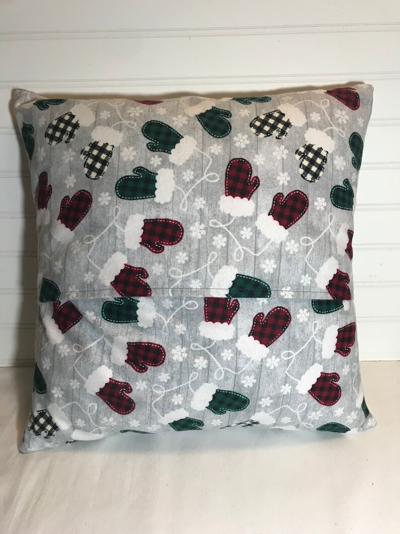 Red Black and Green Plaid Mittens on Gray Background/ Christmas Pillow ...