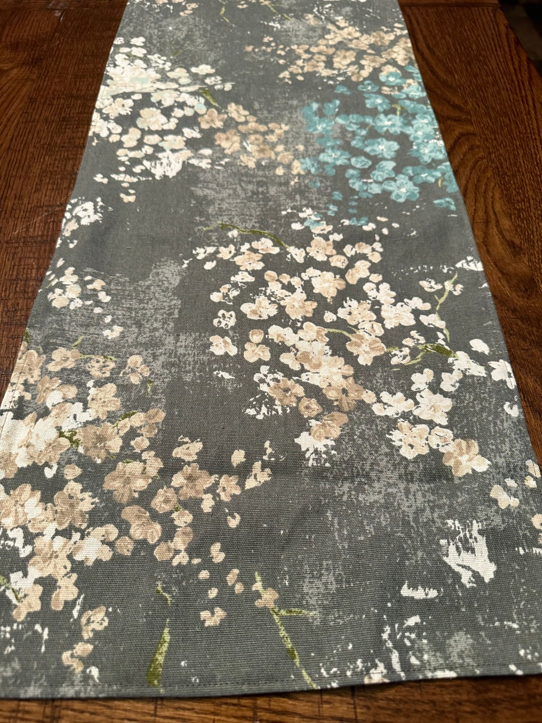 NEW Dewdrop Gray With Tan and Light Teal Canvas Linen Table Runner ...