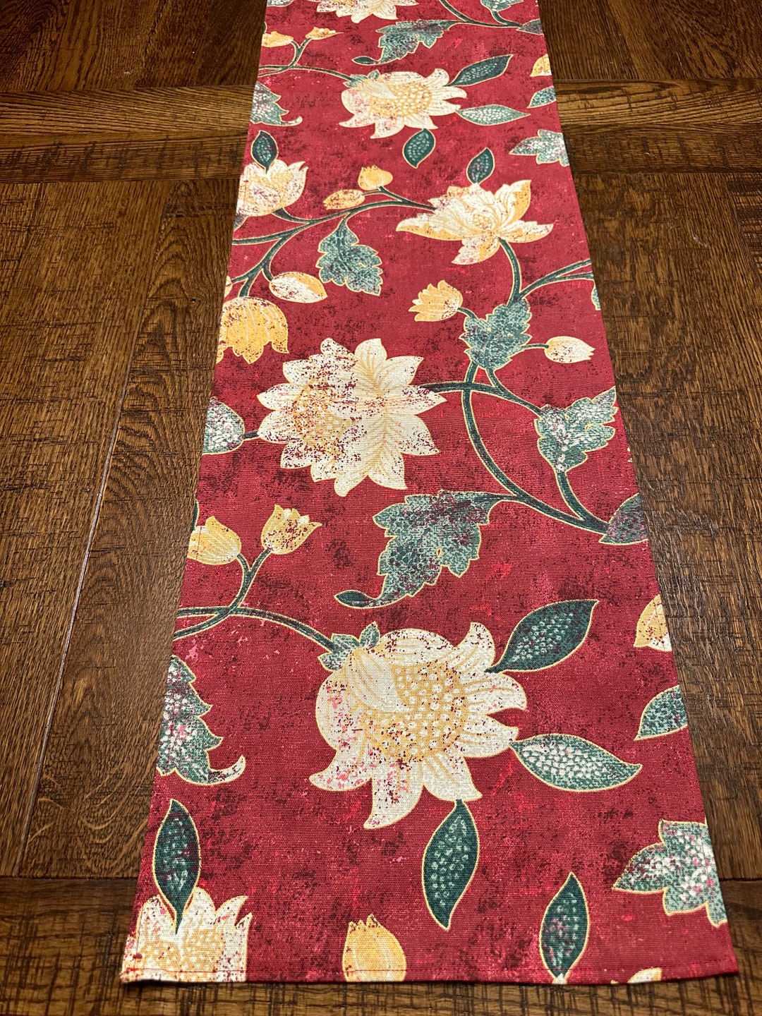 NEW Traditional Floral Burgundy Red Cotton Duck Linen Table Runner ...
