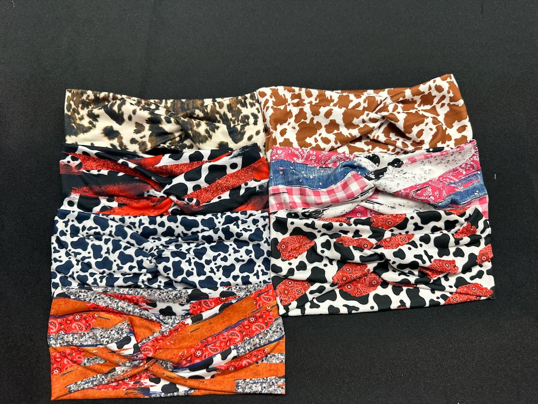 7 Different Farm Cow Print Cow Hide Bandana, Women's Stretchy Twisted ...