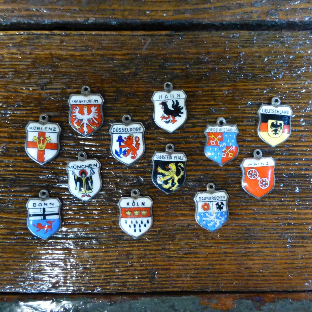 Vintage Germany Enamel Travel Shield Charms - Sterling Silver Bohn ...