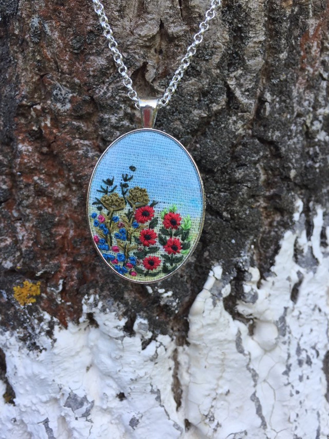 Floral meadow necklace pendant Embroidered jewelry silwer | Etsy