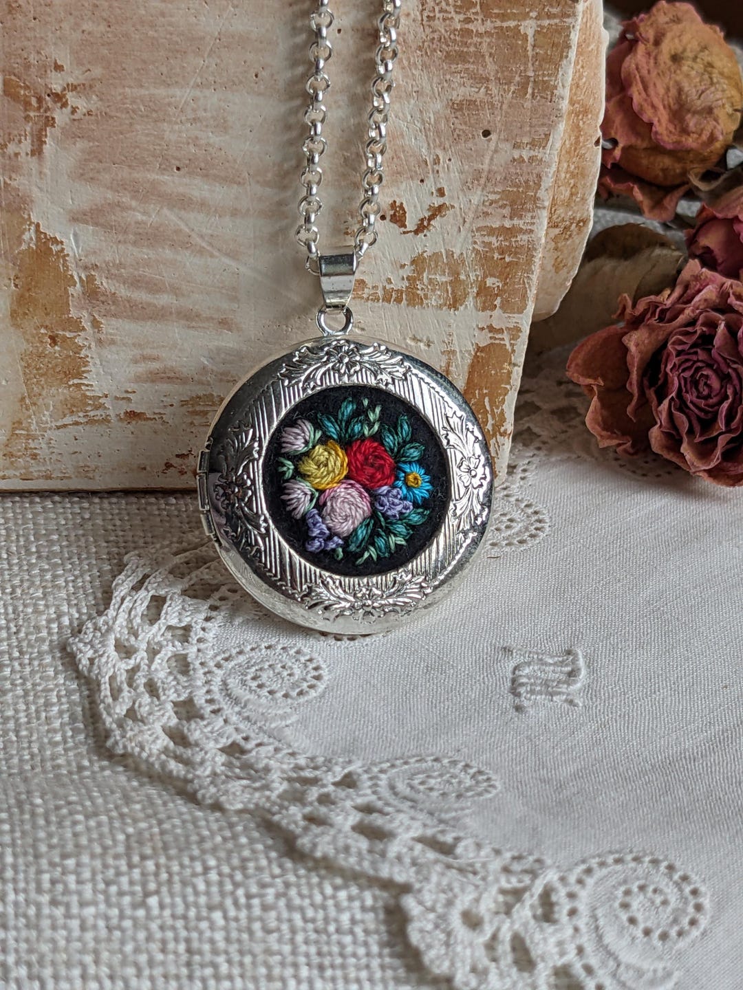 Embroidered Locket,roses, For-get-me Not Pendant, Embroidery Jewelry ...