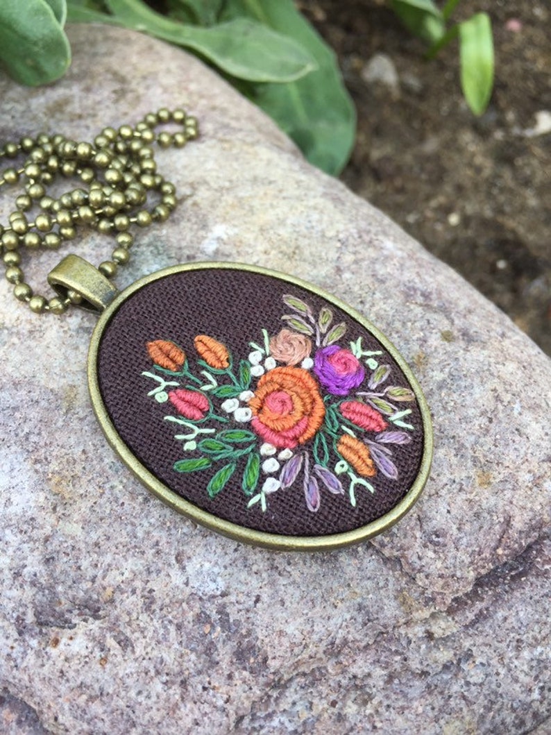 Bronze flower necklace. Hand embroidered pendant. Gift for | Etsy