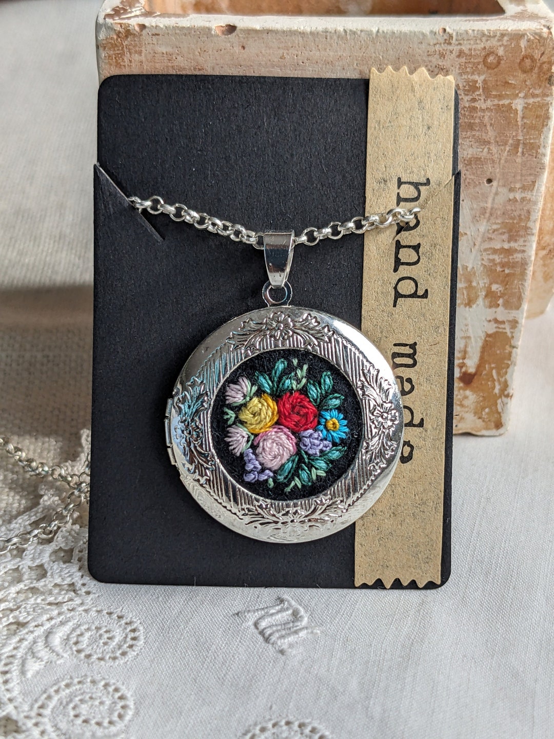 Embroidered Locket,roses, For-get-me Not Pendant, Embroidery Jewelry ...
