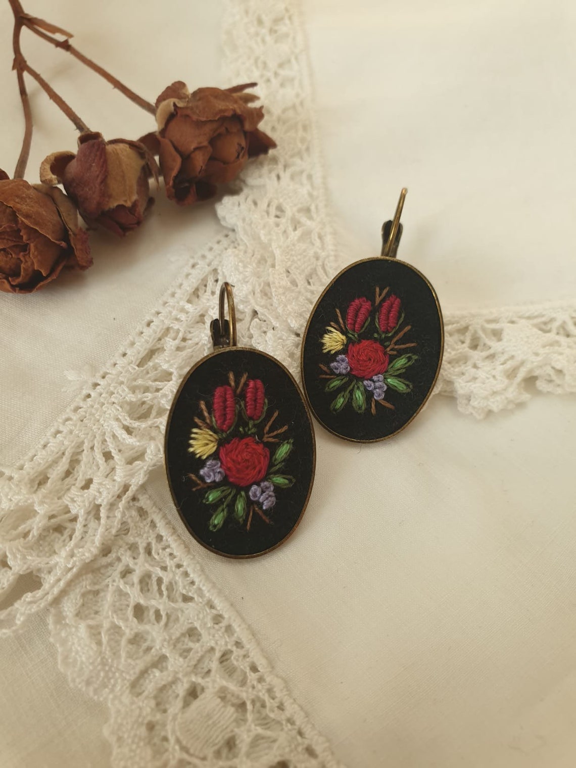 Embroidered earrings rustic style hand embroidery vintage | Etsy