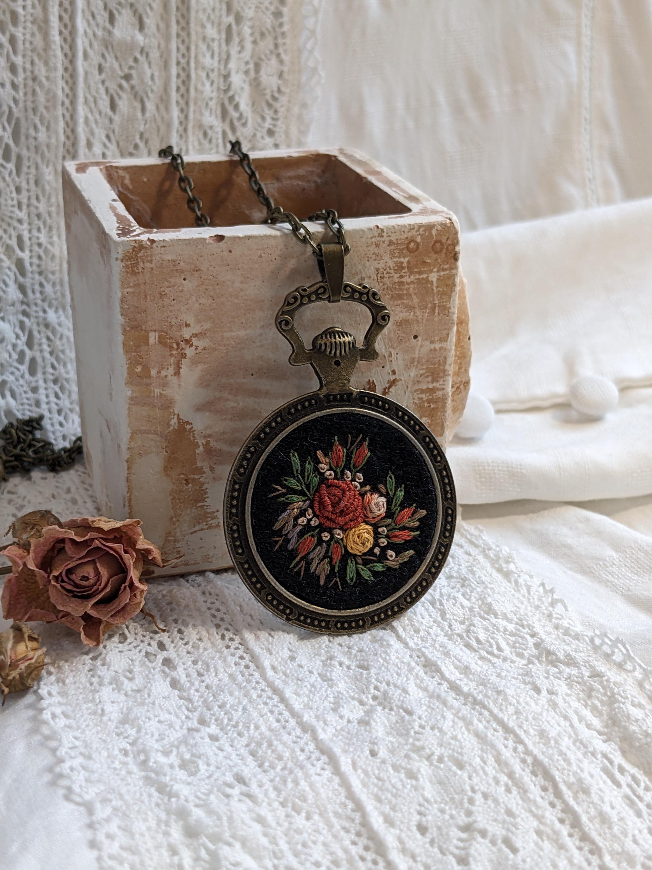 Old-fashioned Watch Pendant, Embroidered Timepiece Necklace, Heirloom ...