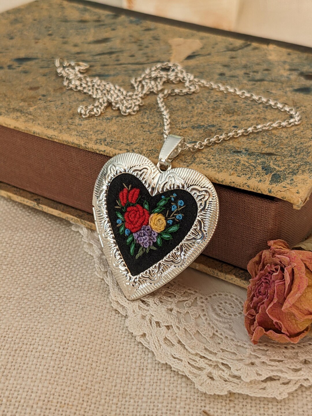 Embroidered Heart Locket, Heart Locket Necklace, Photo Locket Pendant ...