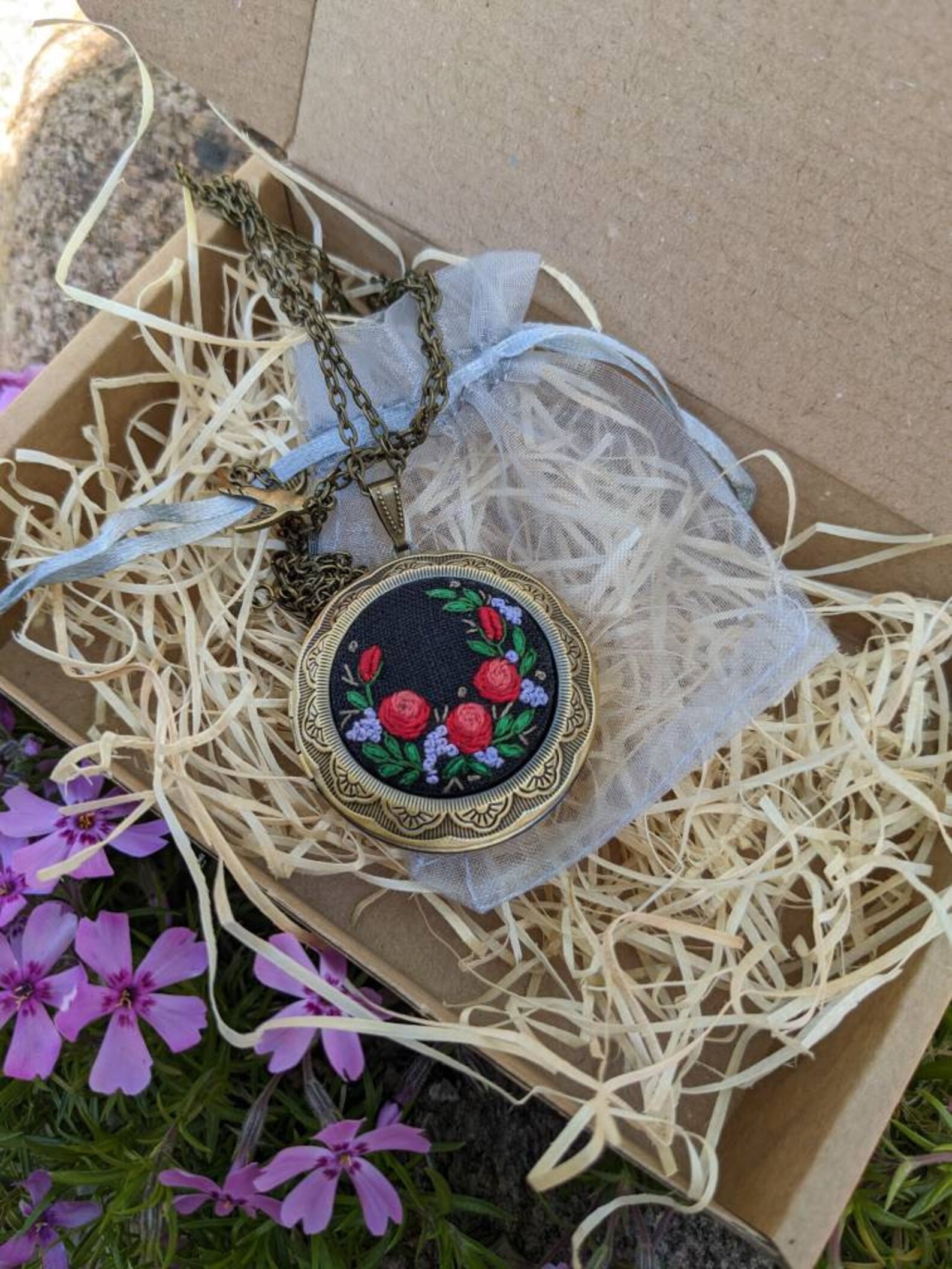 Embroidered Pendant Red Roses Necklace Big Locket Pendant - Etsy