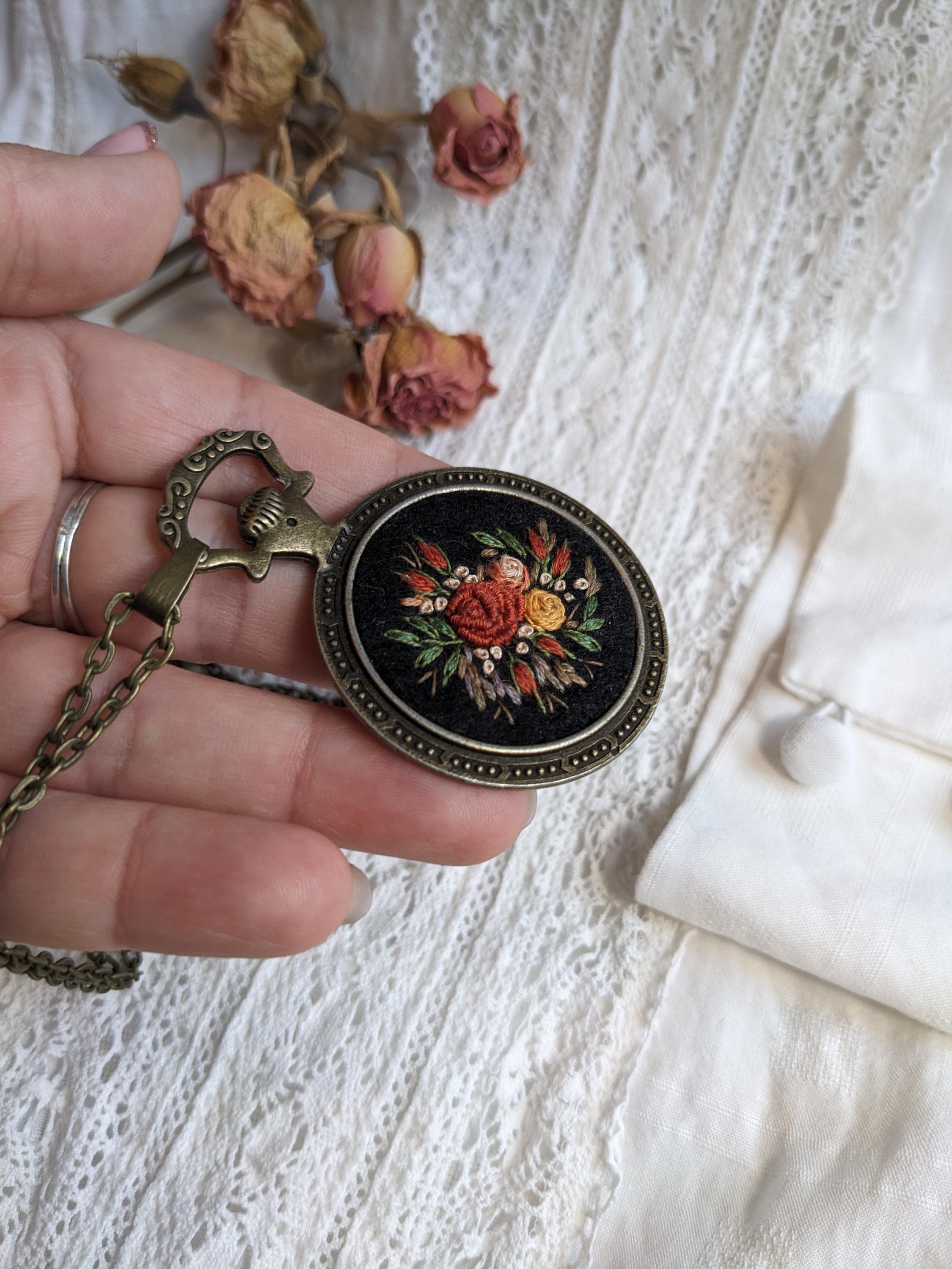 Old-fashioned Watch Pendant, Embroidered Timepiece Necklace, Heirloom ...