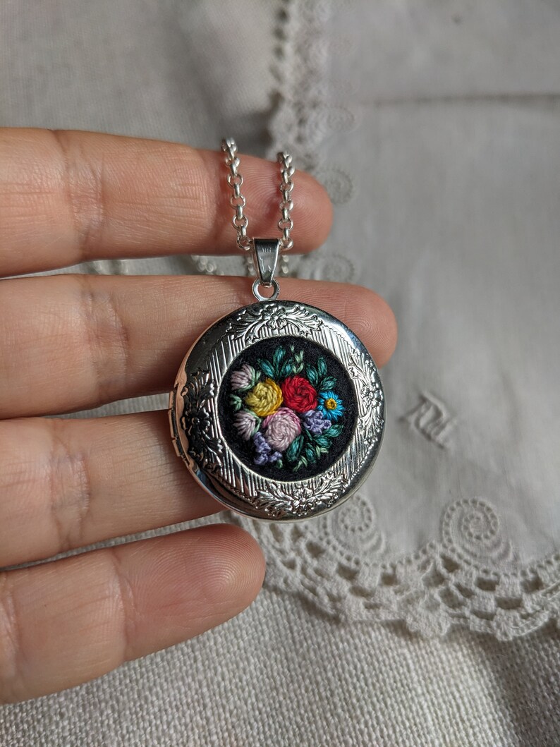 Embroidered Locket,roses, For-get-me Not Pendant, Embroidery Jewelry ...