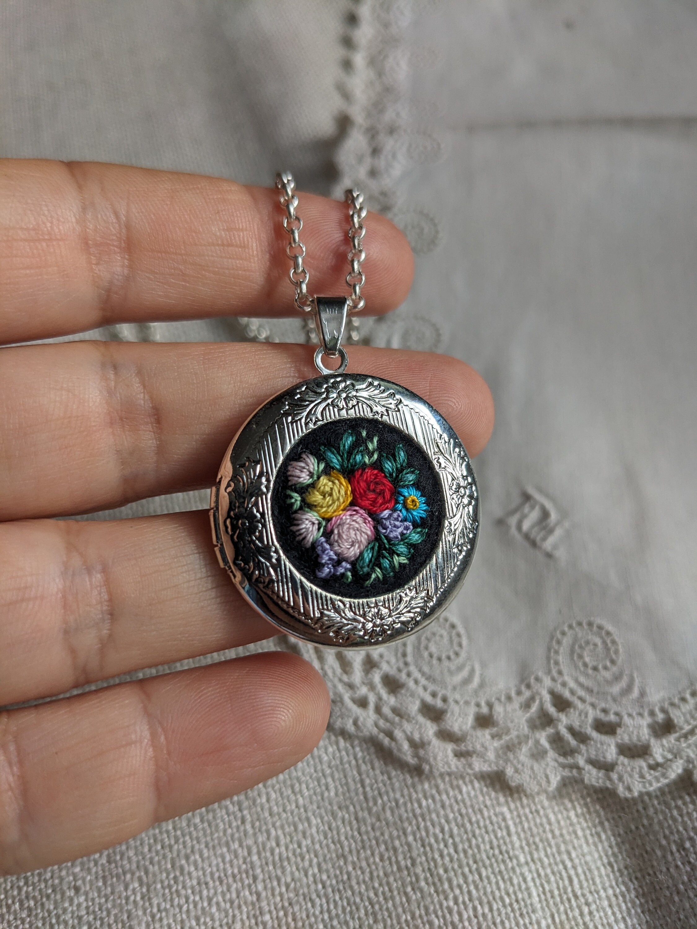 Embroidered Locket,roses, For-get-me Not Pendant, Embroidery Jewelry ...