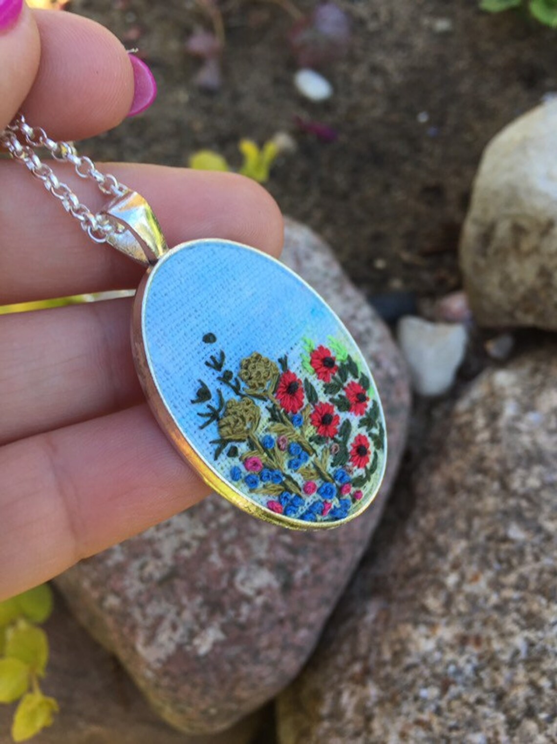 Floral meadow necklace pendant Embroidered jewelry silwer | Etsy