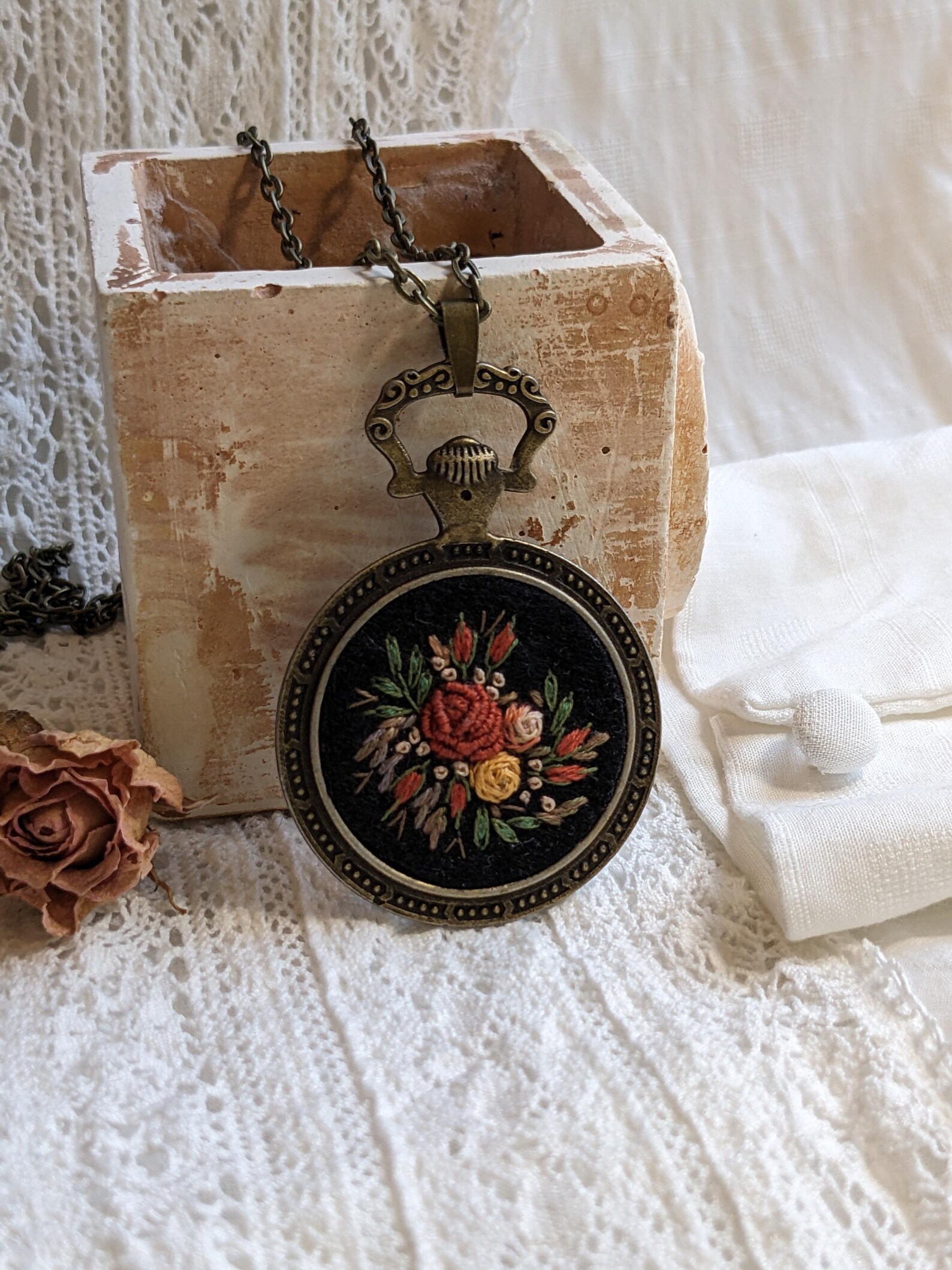 Old-fashioned Watch Pendant, Embroidered Timepiece Necklace, Heirloom ...