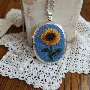 Sunflower Photo Locket Necklace, Embroidered Sunflower Pendant Necklace ...