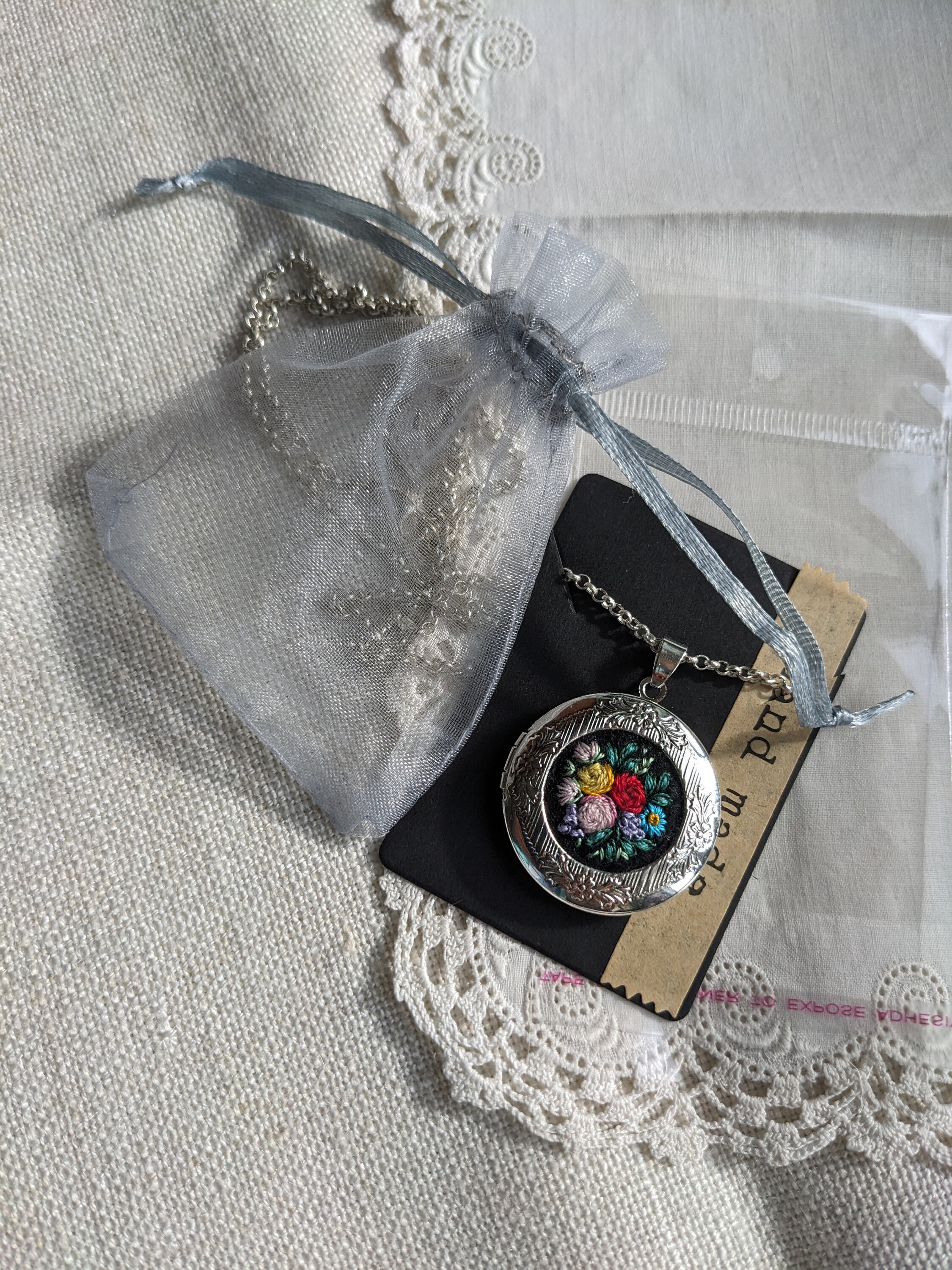 Embroidered Locket,roses, For-get-me Not Pendant, Embroidery Jewelry ...