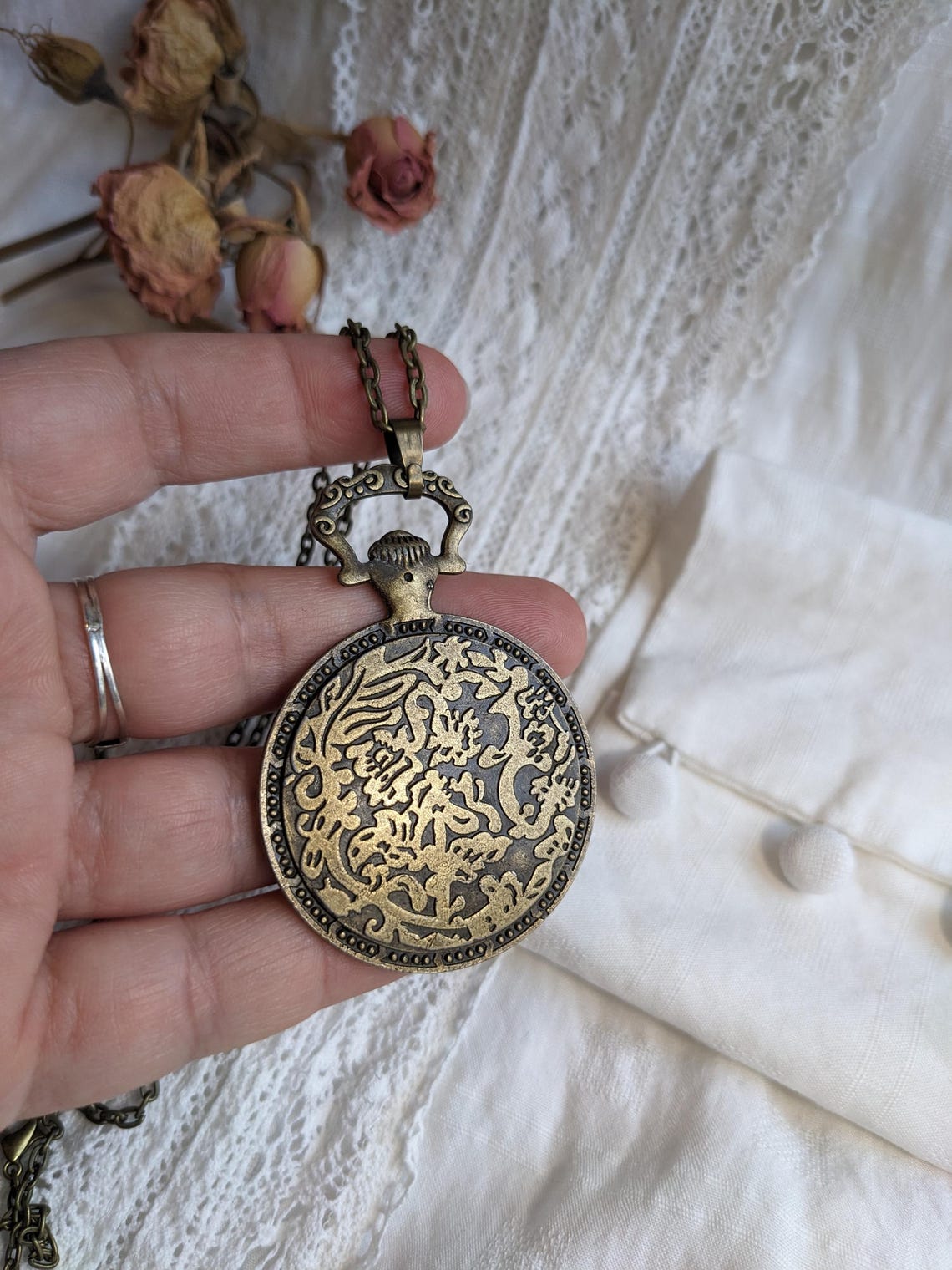 Old-fashioned Watch Pendant, Embroidered Timepiece Necklace, Heirloom ...