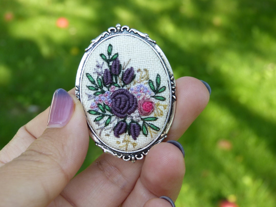 Hand Embroidered Brooch. Retro Brooch. Romantic Jewelry. Embroidered ...
