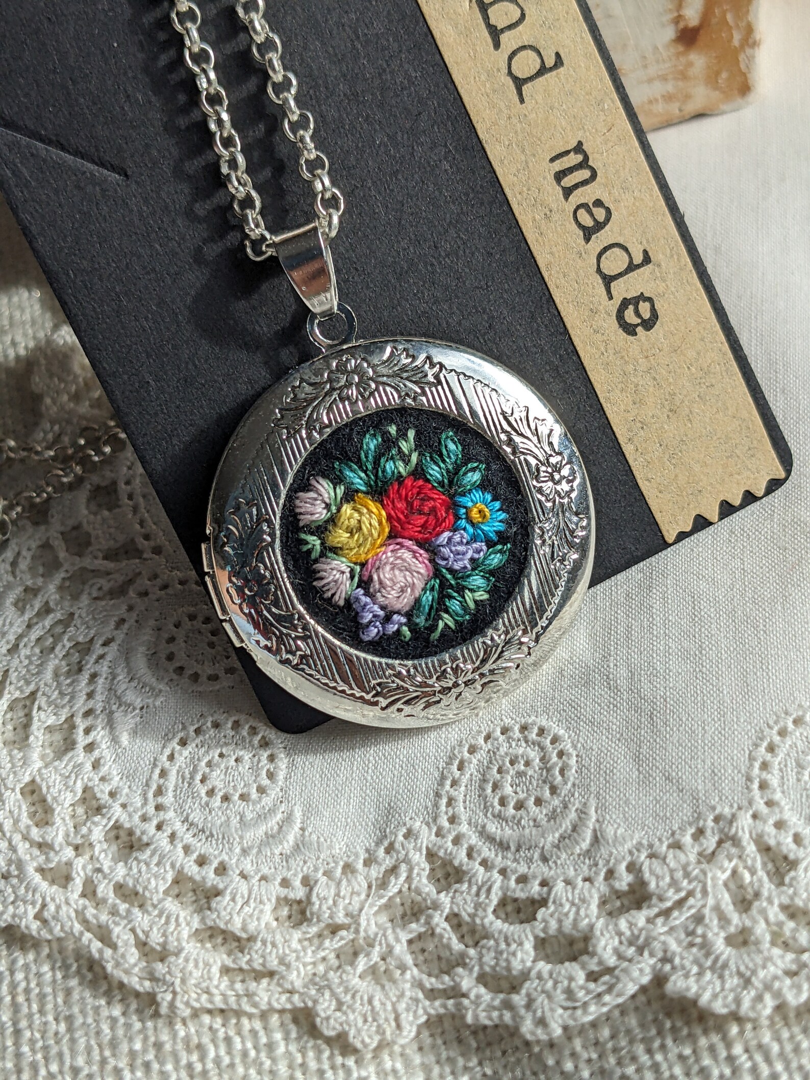 Embroidered Locket,roses, For-get-me Not Pendant, Embroidery Jewelry ...