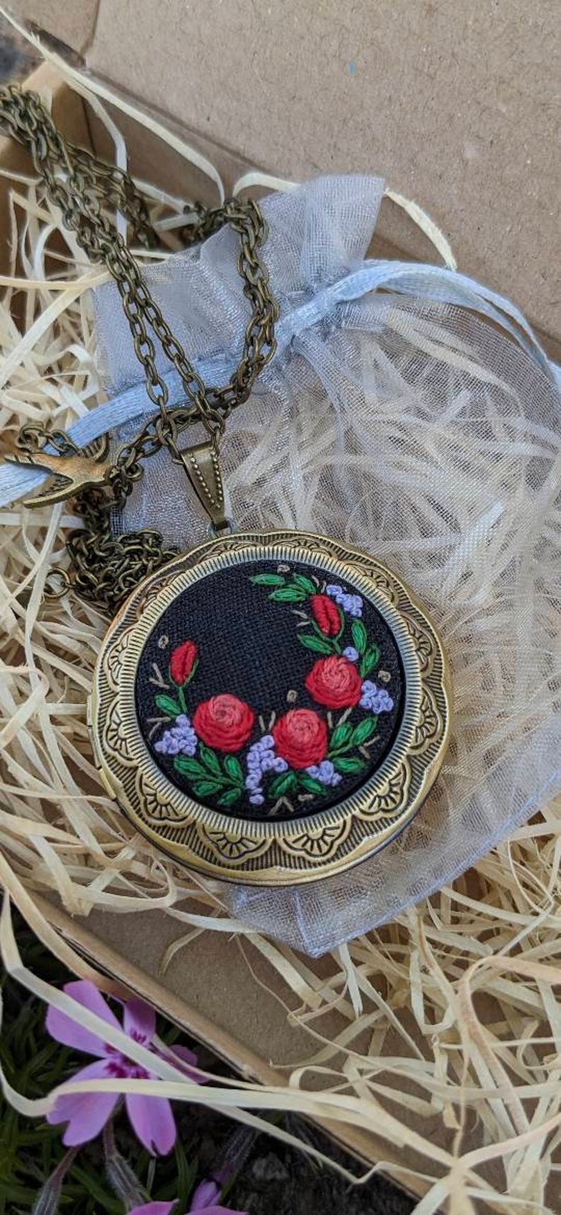 Embroidered Pendant Red Roses Necklace Big Locket Pendant - Etsy