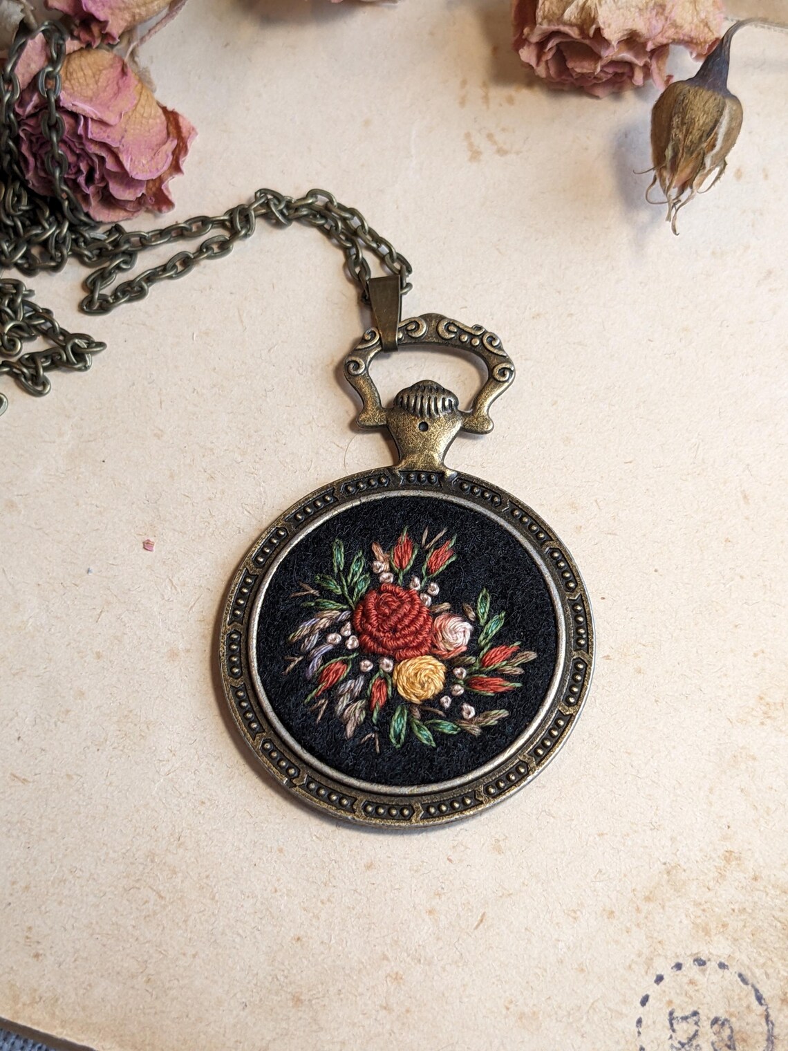Old-fashioned Watch Pendant, Embroidered Timepiece Necklace, Heirloom ...