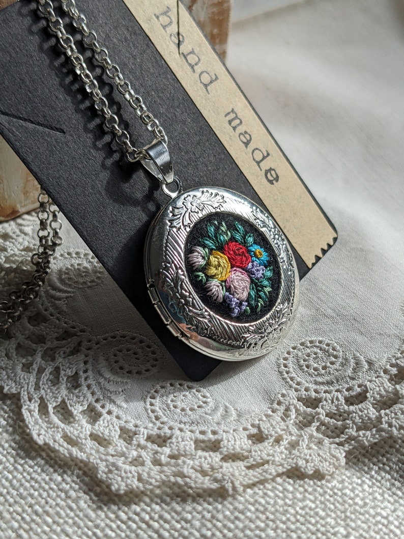 Embroidered Locket,roses, For-get-me Not Pendant, Embroidery Jewelry ...