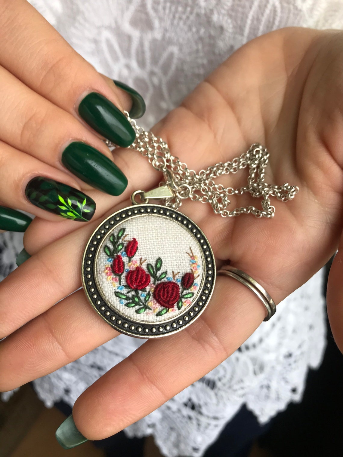 Floral Embroidered Necklace, Embroidery Pendant, Needlework Necklace ...