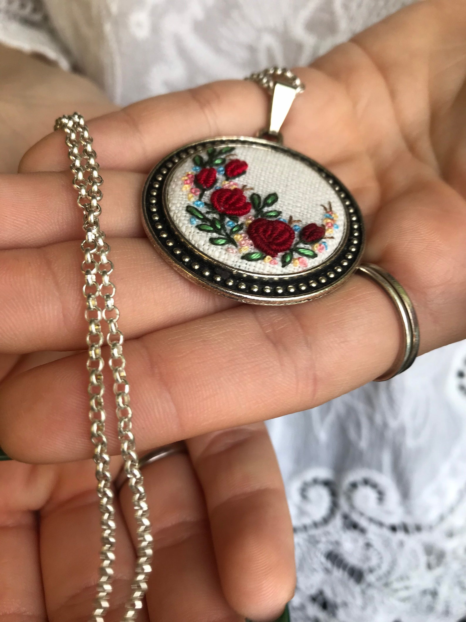 Floral Embroidered Necklace, Embroidery Pendant, Needlework Necklace ...