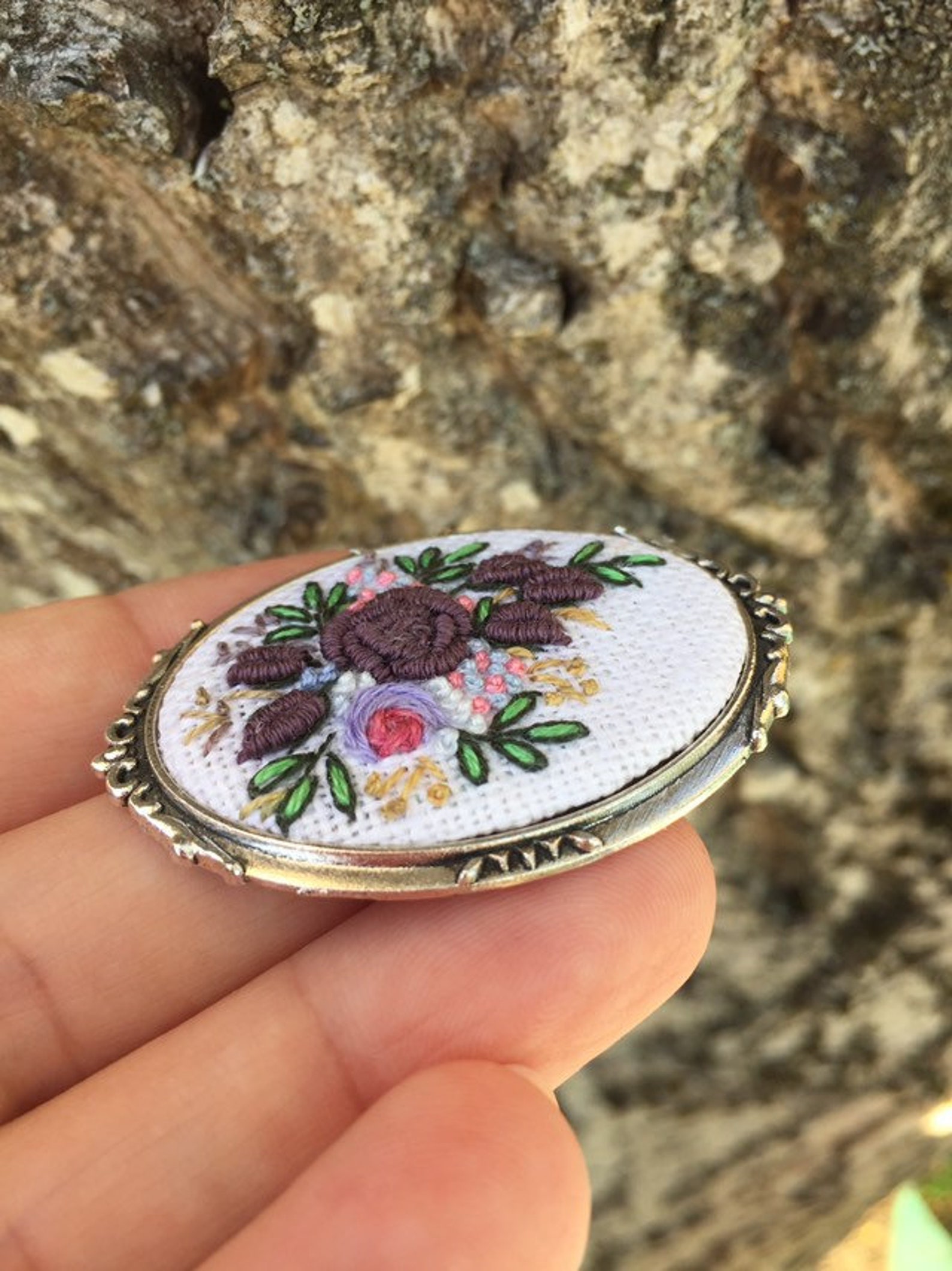 Hand Embroidered Brooch. Retro Brooch. Romantic Jewelry. Embroidered ...