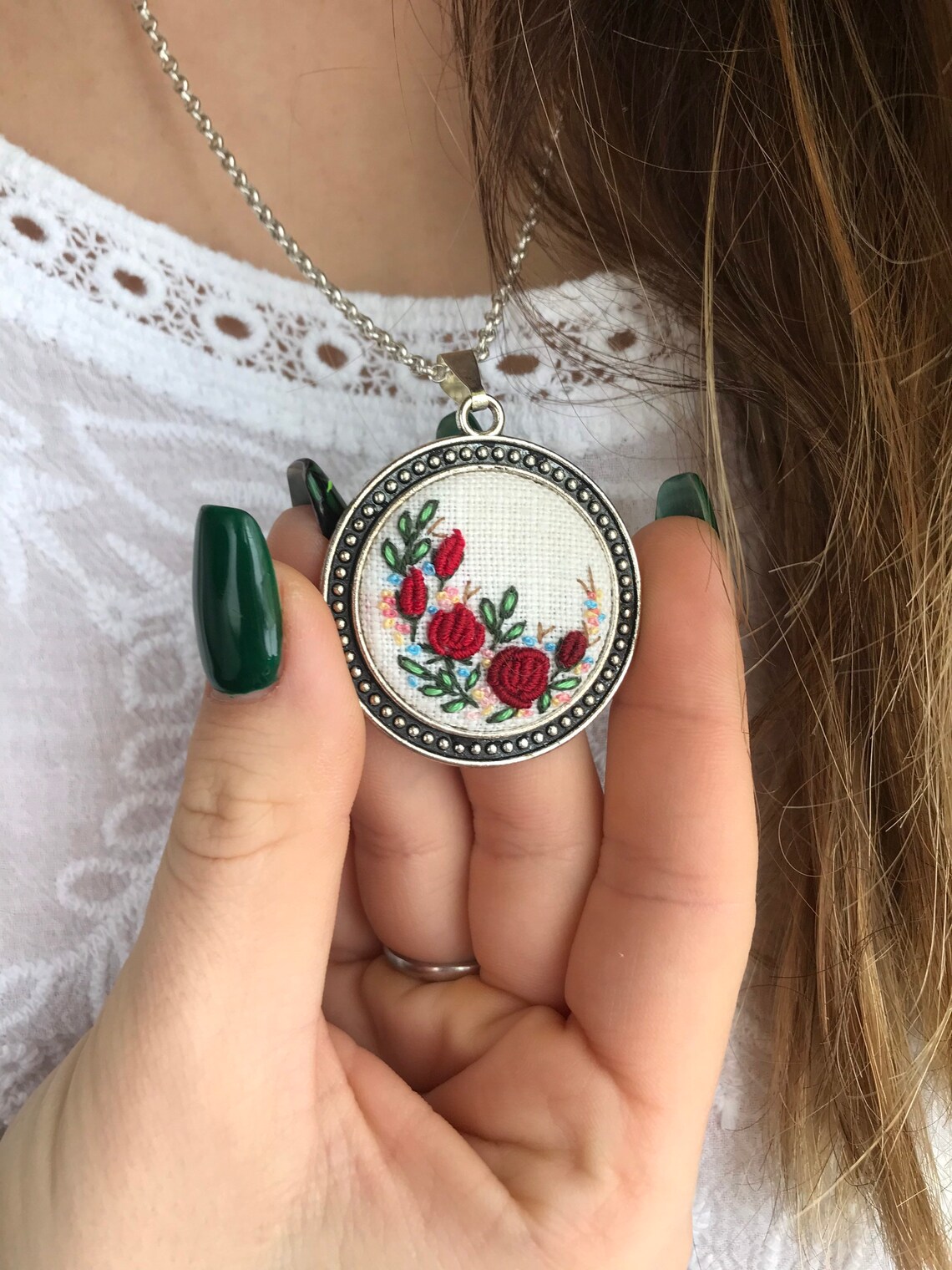 Floral embroidered necklace embroidery pendant needlework | Etsy