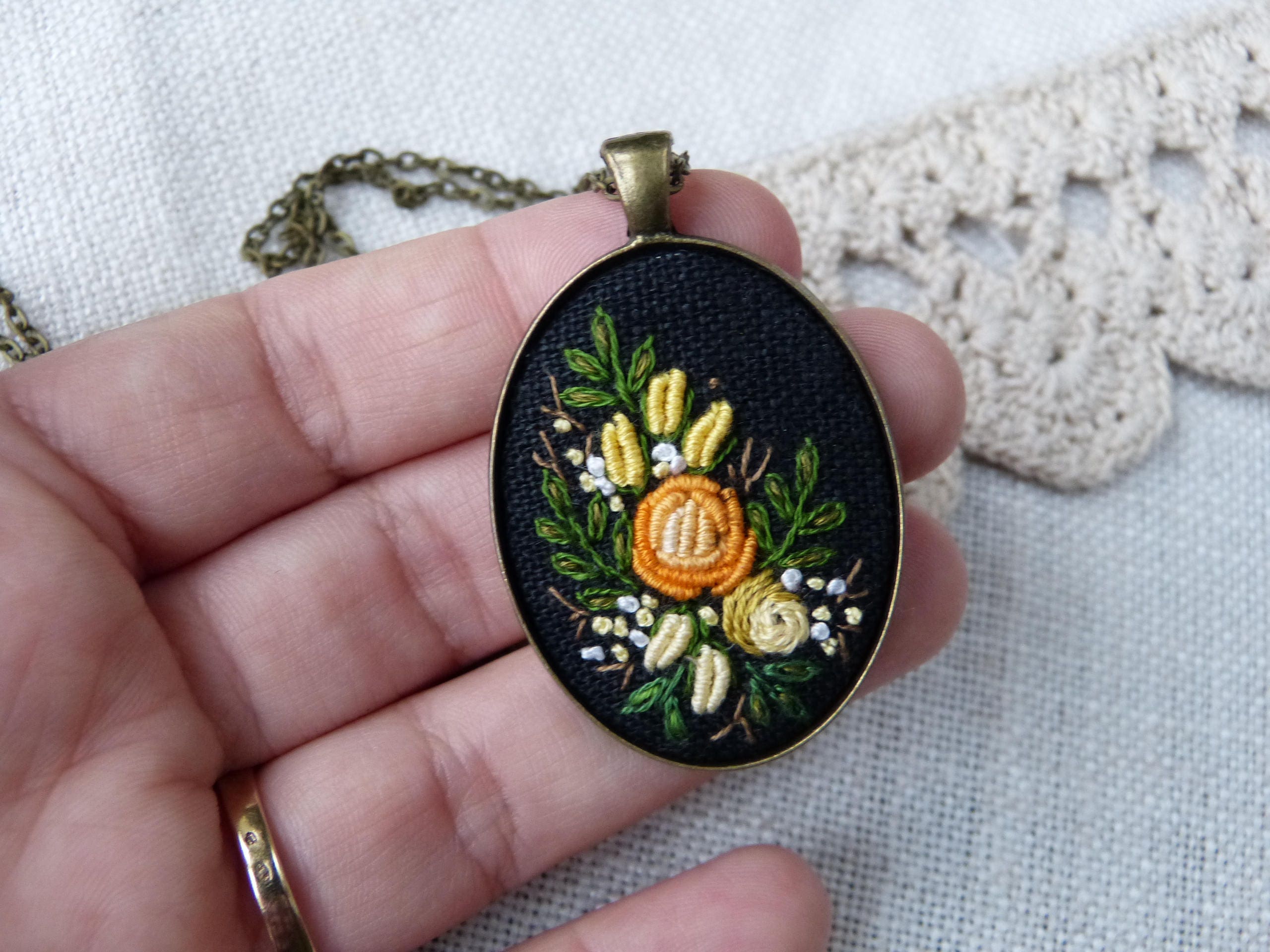 Gold flower necklace Hand embroidered pendant Gift for her | Etsy